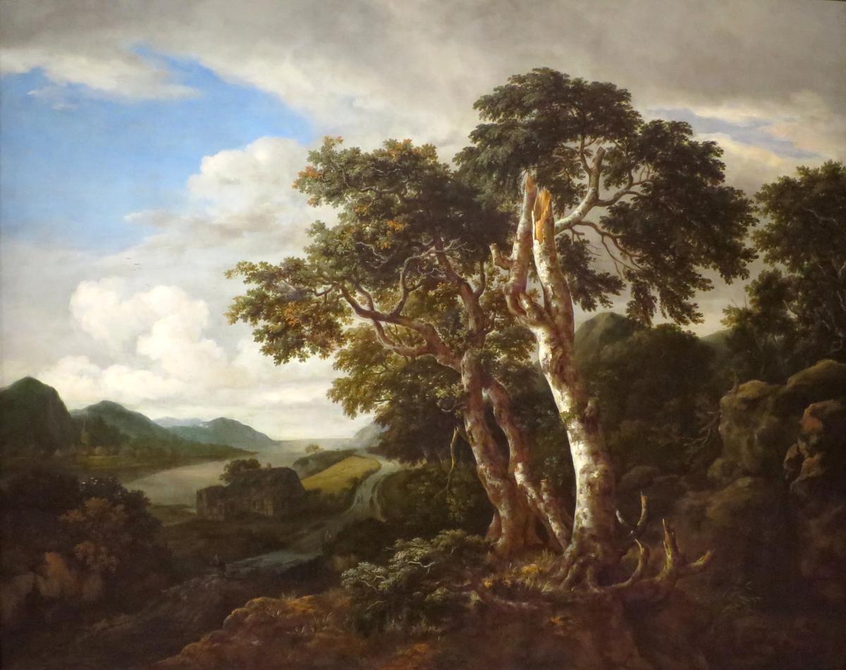 Three Great Trees in a Mountainous Landscape with a River - Jacob van ...