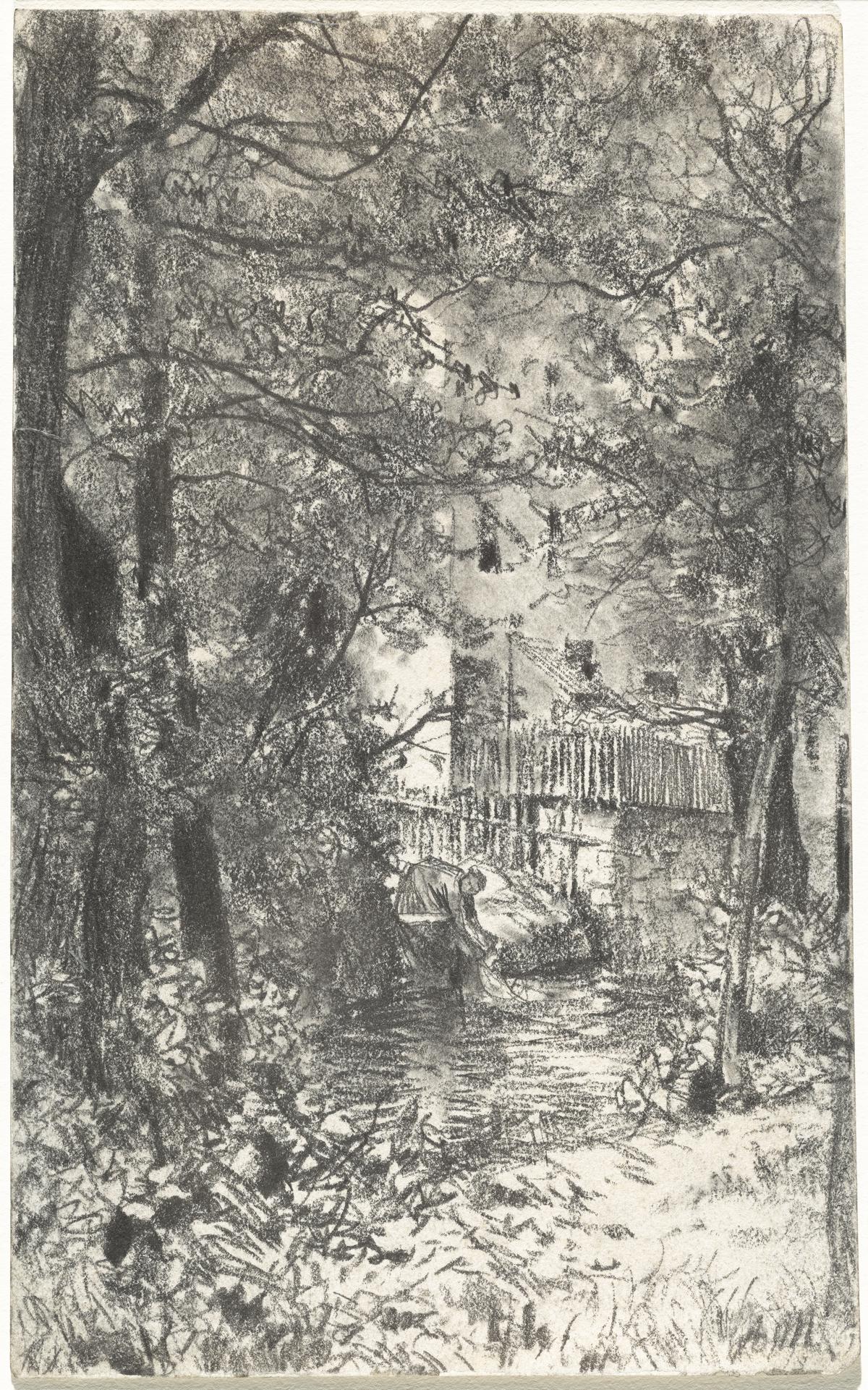 Landscape with a Washerwoman - Adolph von Menzel | FeelTheArt