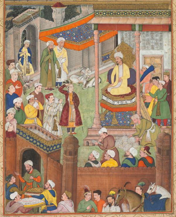 Babur recibe botín y saludo de Humayun tras la victoria sobre el sultán ...