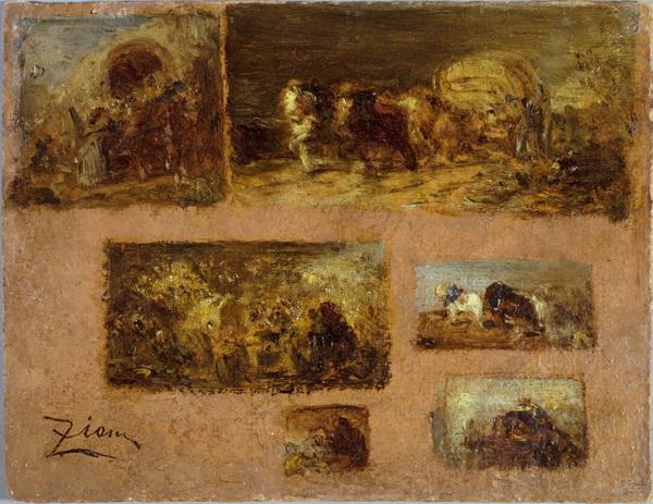 Panel de seis estudios de carro (frontal); Paisaje (reverso) - Félix ...