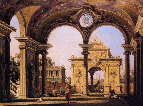 Capriccio of a Renaissance Triumphal Arch seen from the Portico of a ...