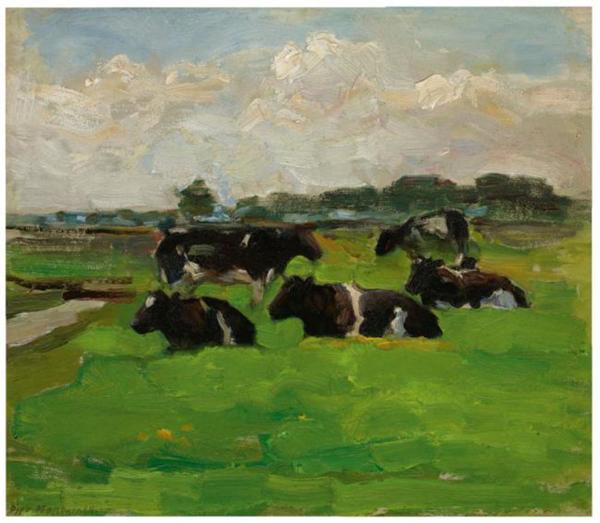 Polder landscape with group of five cows - Piet Mondrian | FeelTheArt