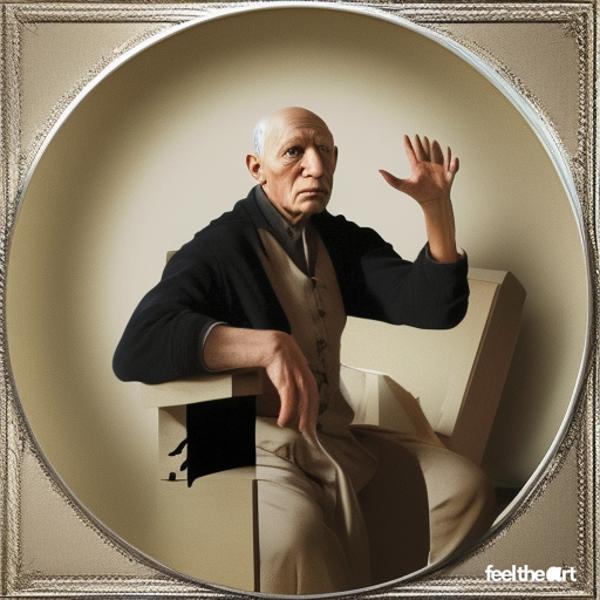 a realistic photography of Pablo Picasso surrounded in circle by woman ...